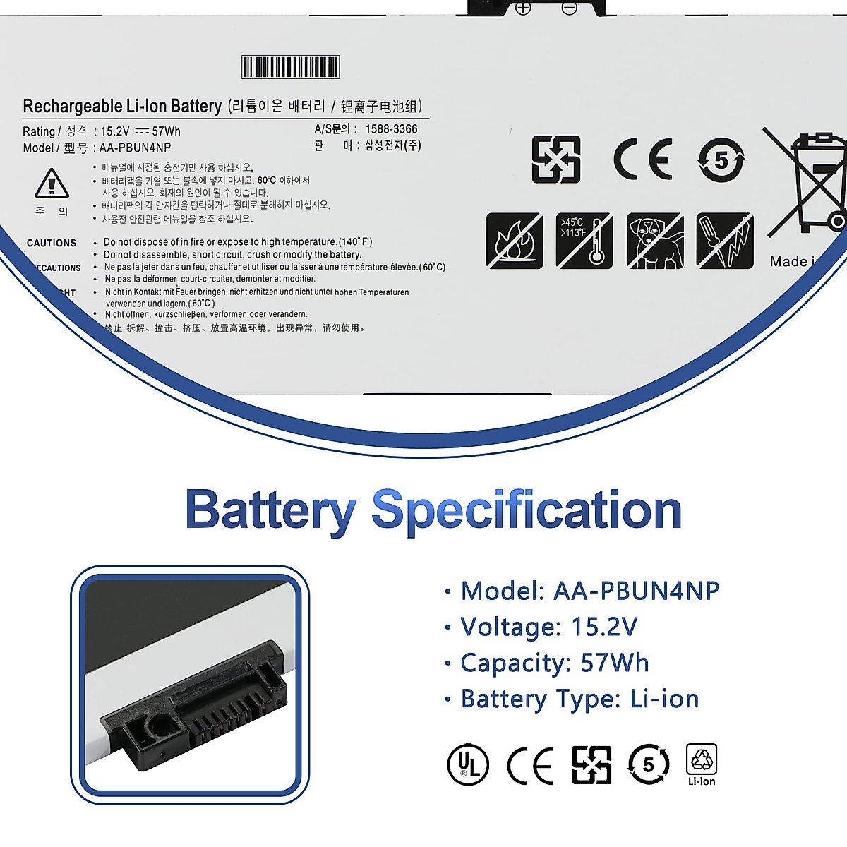ANTIEE 15.2V 57Wh AA-PBUN4NP PBUN4NP Laptop Battery for Samsung ATIV Book 9 Pro NP940Z5J NP940Z5L NP940Z5L-X01US NP940Z5L-X03US NP940Z5L-S03US Series NP9300AA AAPBUN4NP BA43-00374A 4ICP6/60/80