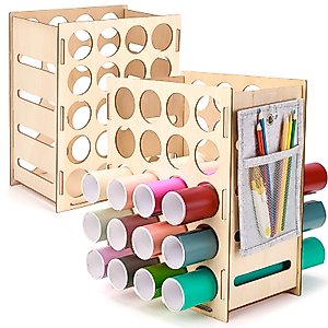 Yumkfoi 2 Pack Wooden Vinyl Roll Holder, 40 Holes Stackable Vinyl Roll Storage Rack with Weeding Tools Storage Bag, Sturdy Wood Vinyl Storage Organizer for Craft Paper Roll Holder Craft Room