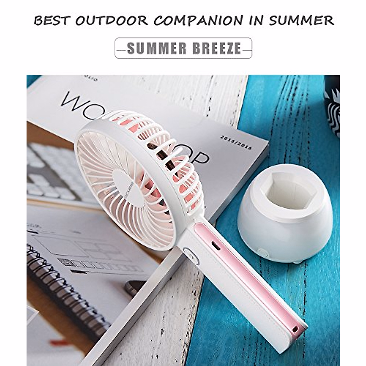 OCUBE Mini Handheld Fan,Small Personal Portable Hand Held Fan with 7 Color LED Light Base,Operated USB Rechargeable Desk Fan,3 Speeds Electric Lash Fan for Makeup (Pink)