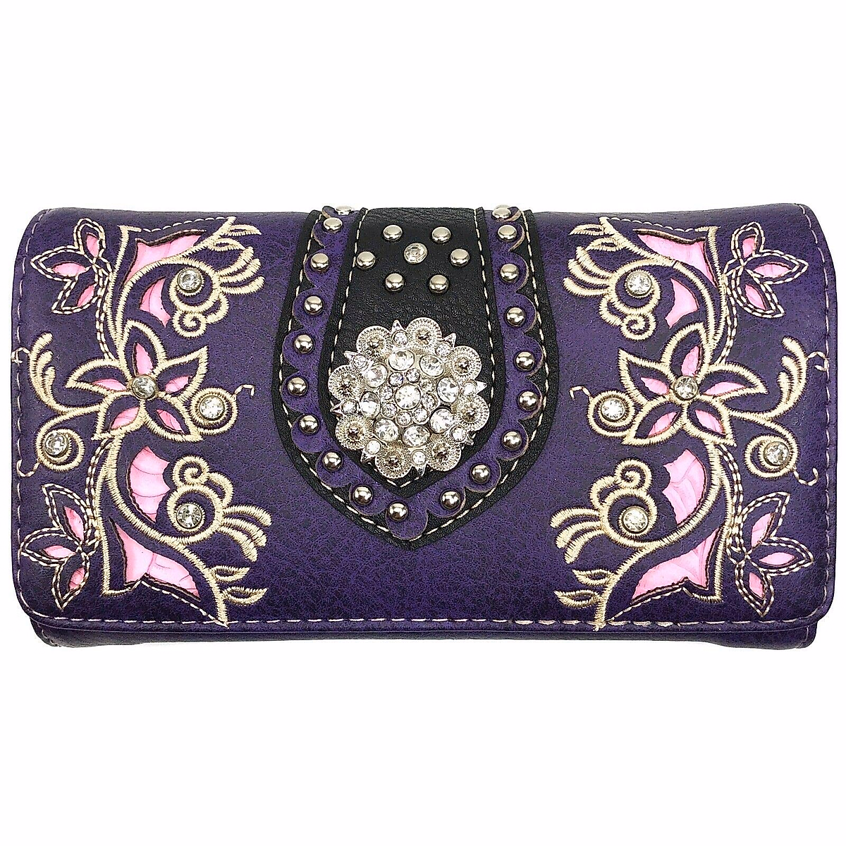 Justin West Rhinestone Concho Western Laser Cut Wristlet Trifold Wallet Attachable Long Strap (Purple)