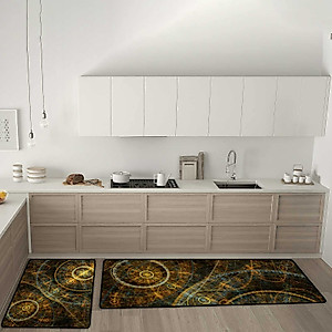 Kitchen Rugs and Mats Set of 2 Pieces Anti Fatigue Standing Mat Golden Mechanical Compass Steampunk Non Slip Washable Comfort Flooring Carpet Runner for Kitchen Home