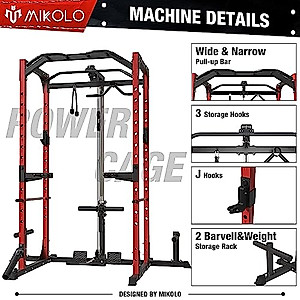 Mikolo Power Cage, Power Rack with LAT Pulldown, 1200 Pounds Capacity Workout Cage with More Training Attachments, Squat Rack for Home Gym, F4-301