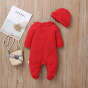 Infant Baby Girl Ruffled Cotton Footies Footed Overall Romper with Hat Toddler Baby Footed Jumpsuit (Red, 0-3M)