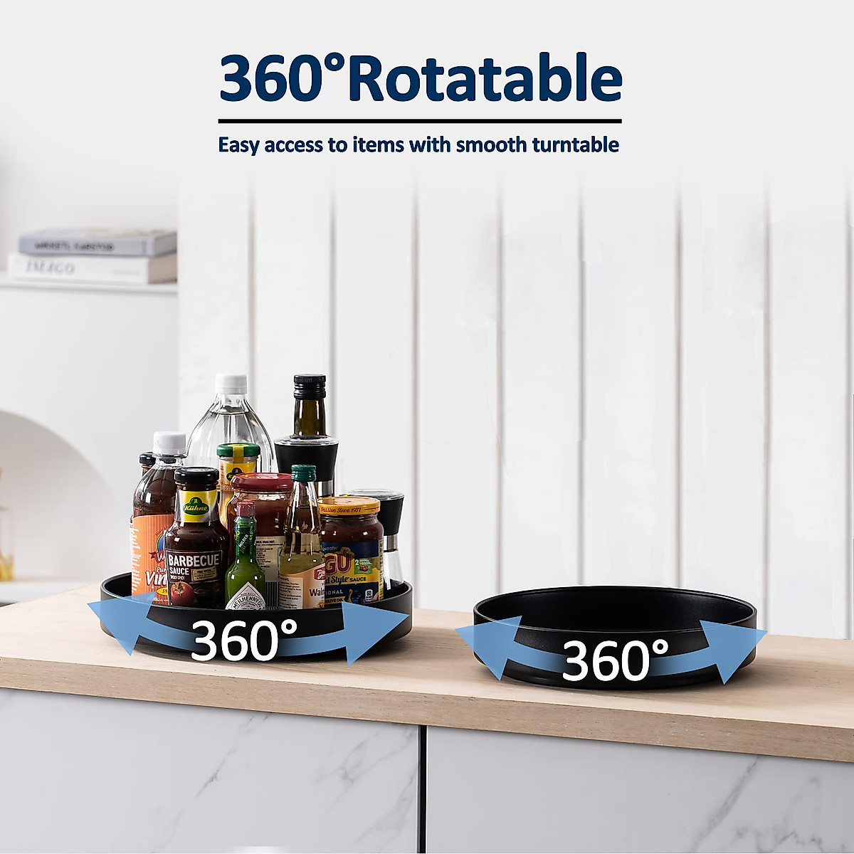 2 Pack Lazy Susan Turntable Organizer 10.2 Inch and 11.4 Inch for Cabinet, Pantry, Kitchen Countertop, Refrigerator, Bathroom and Office, Black Steel