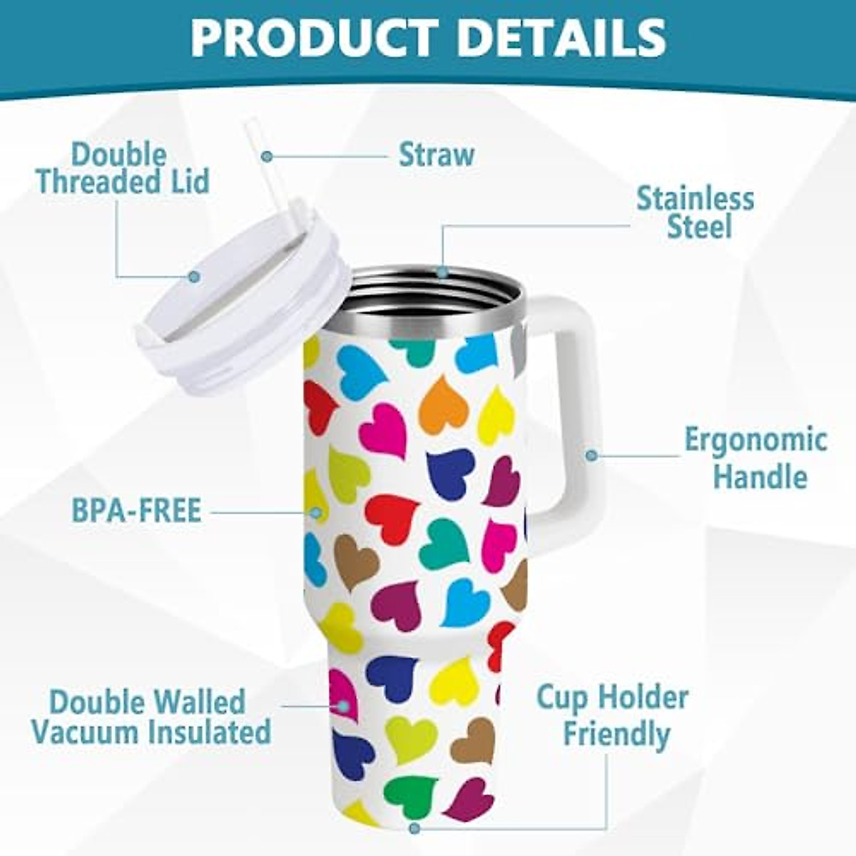 MCHIVER Colorful Hearts 40 oz Tumbler with Handle and Straw Stainless Steel Vacuum Water Bottle Leak-proof Travel Coffee Mug Insulated Tumbler with Lid