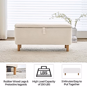 Boucle Storage Ottoman Bench for Bedroom end of Bed, Sherpa Upholstered Shoe Seat Storage Beach for Entryway Bed Foot, Rectangle Cushion Padded Blanket Chest Cute for Living Room, White