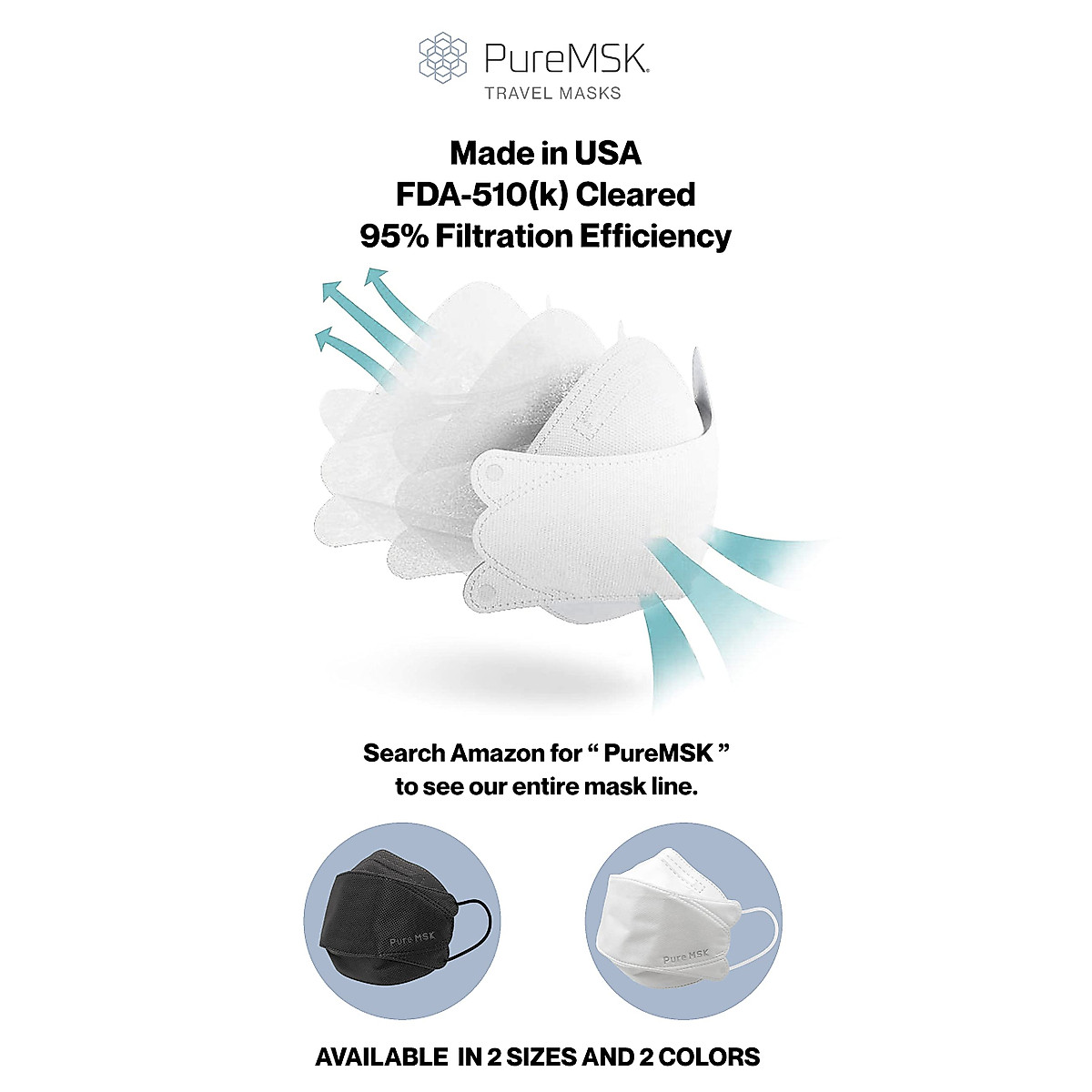 PureMSK Breathable Face Mask for Travel. Proprietary Filter Technology - Made in USA.