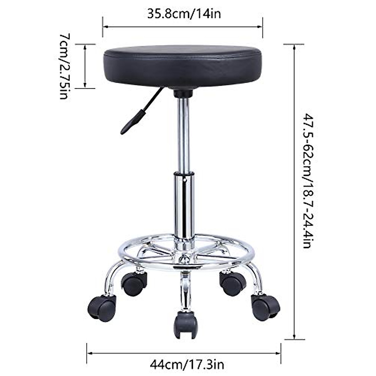 KKTONER PU Leather Round Rolling Stool with Foot Rest Swivel Height Adjustment Spa Drafting Salon Tattoo Work Office Massage Stools Task Chair Cushion 14 inches (Black)