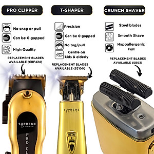 Supreme Trimmer 3-in-1 Barber Bundle | Pro Clipper, T-Shaper Trimmer & CRUNCH Foil Shaver | Professional Beard Trimmer Men’s Hair Clipper Kit | Gold