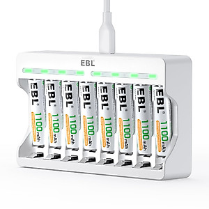 EBL Rechargeable AAA Batteries 1100mAh (8 Counts) and 8 Slot AA AAA Independent Rechargeable Battery Charger with 5V 2A USB Fast Charging Function