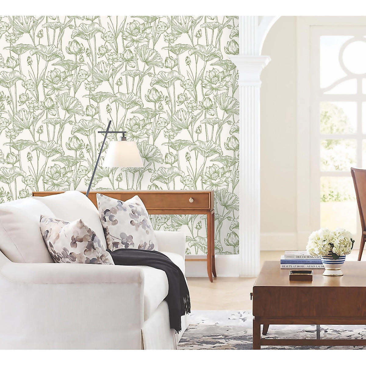 Vinjiasin Peel and Stick Wallpaper Green Floral Wallpaper Removable Wallpaper Self Adhesive Flower Leaf Contact Paper Lotus Wall Paper for Bedroom Bathroom Wallpaper Wall Covering 17.32"x 78.7"