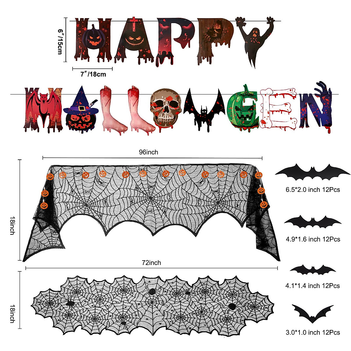 Halloween Decorations Indoor Set, 52pcs Halloween Party Decorations, Halloween 3D Bats |Spiderweb Table Runner & Cobweb Fireplace Mantel Scarf | Spooky Happy Halloween Banner for Home Indoor Decor