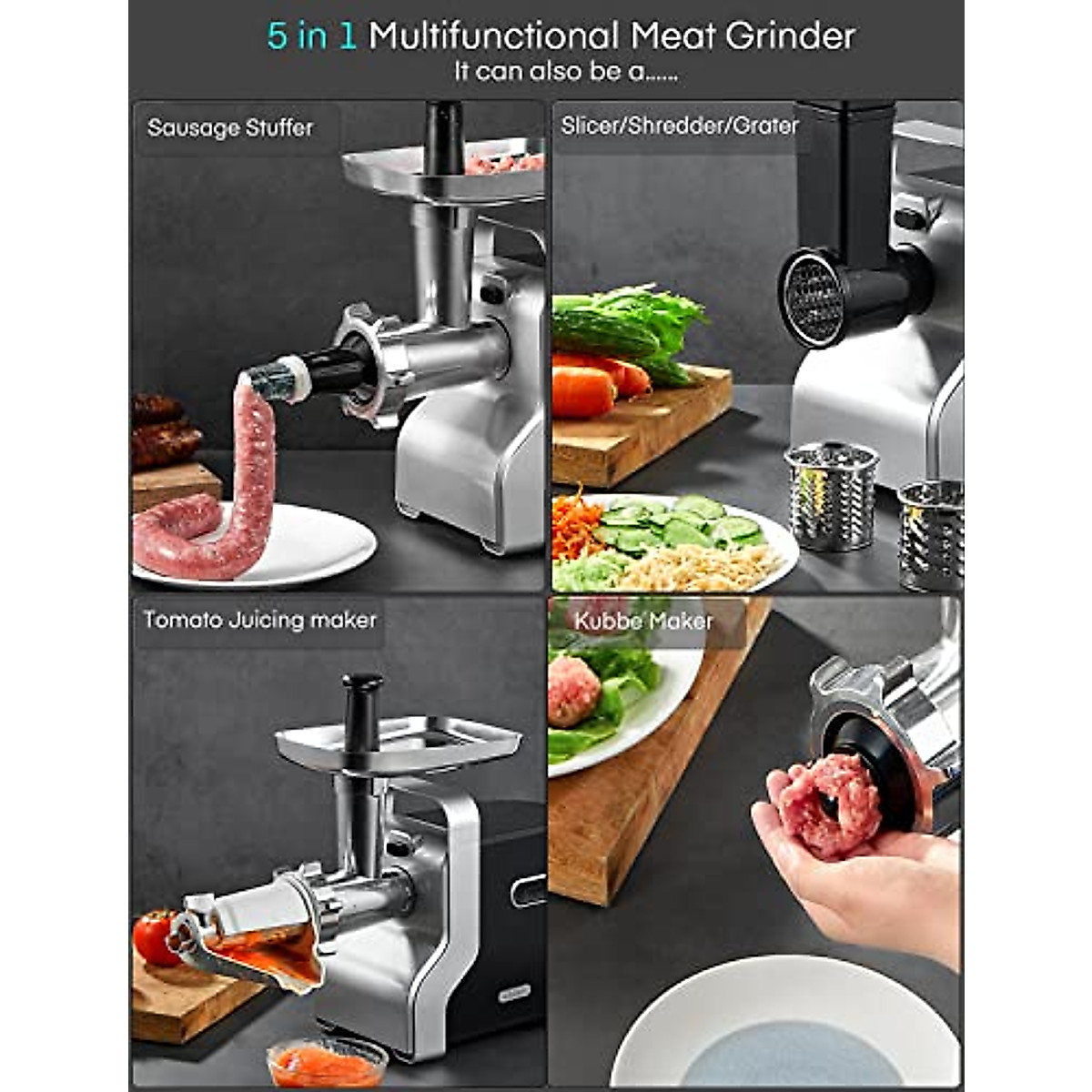 Meat Grinder Heavy Duty, 3000W Max Ultra Powerful, 5 in 1 HOUSNAT Multifunction Electric Meat Grinder, Sausage Stuffer, Slicer/Shredder/Grater, Kubbe & Tomato Juicing Kits, Home Kitchen Use