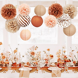 AOBKIAT Fall Boho Party Decorations Set,12PCS Brown Orange Paper Pom Poms Lanterns for Thanksgving Pumpkin Party,Natural Baby Shower,Bridal Shower,Engagement,Class School Office Decor
