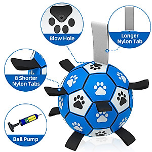 QDAN Dog Ropes Toys Soccer Ball with Straps, Interactive Dog Toys for Tug of War, Puppy Birthday Gifts, Dog Tug Toy, Dog Water Toy, Durable Dog Balls for Medium & Large Dogs-Blue&Grey（8 Inch）