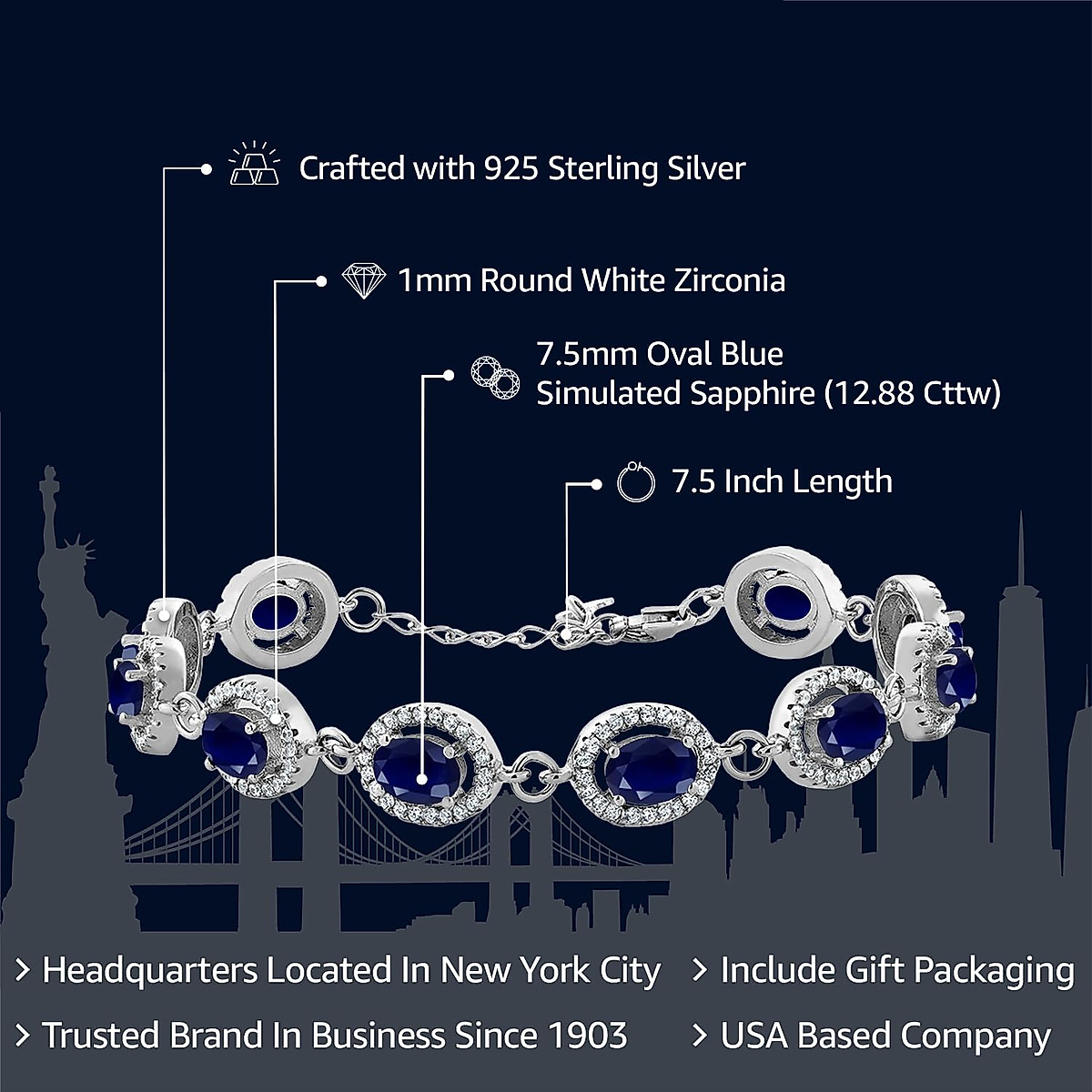 Gem Stone King 925 Sterling Silver 7X5MM Oval Gemstone Birthstone Tennis Bracelet For Women Size 7.5 Inch