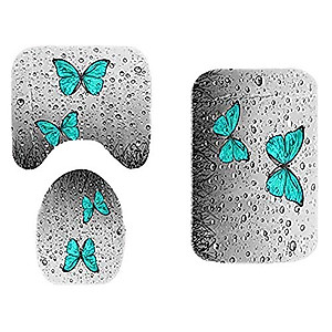 BBSET 4Pcs Shower Curtain Set Teal Butterfly Raindrop Rose Flower Non-Slip Pedestal Rug Toilet Lid Cover Bathroom Bath Mat Doormat Shower Curtain 70x70 inch with 12 Hooks Home Decor (Teal Butterfly)