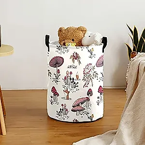 ArtToLife Mushroom Laundry Basket Waterproof Oxford cloth with Knitting Handle Collapsible Large Round Storage Dirty Laundry Hamper, Multicolored1