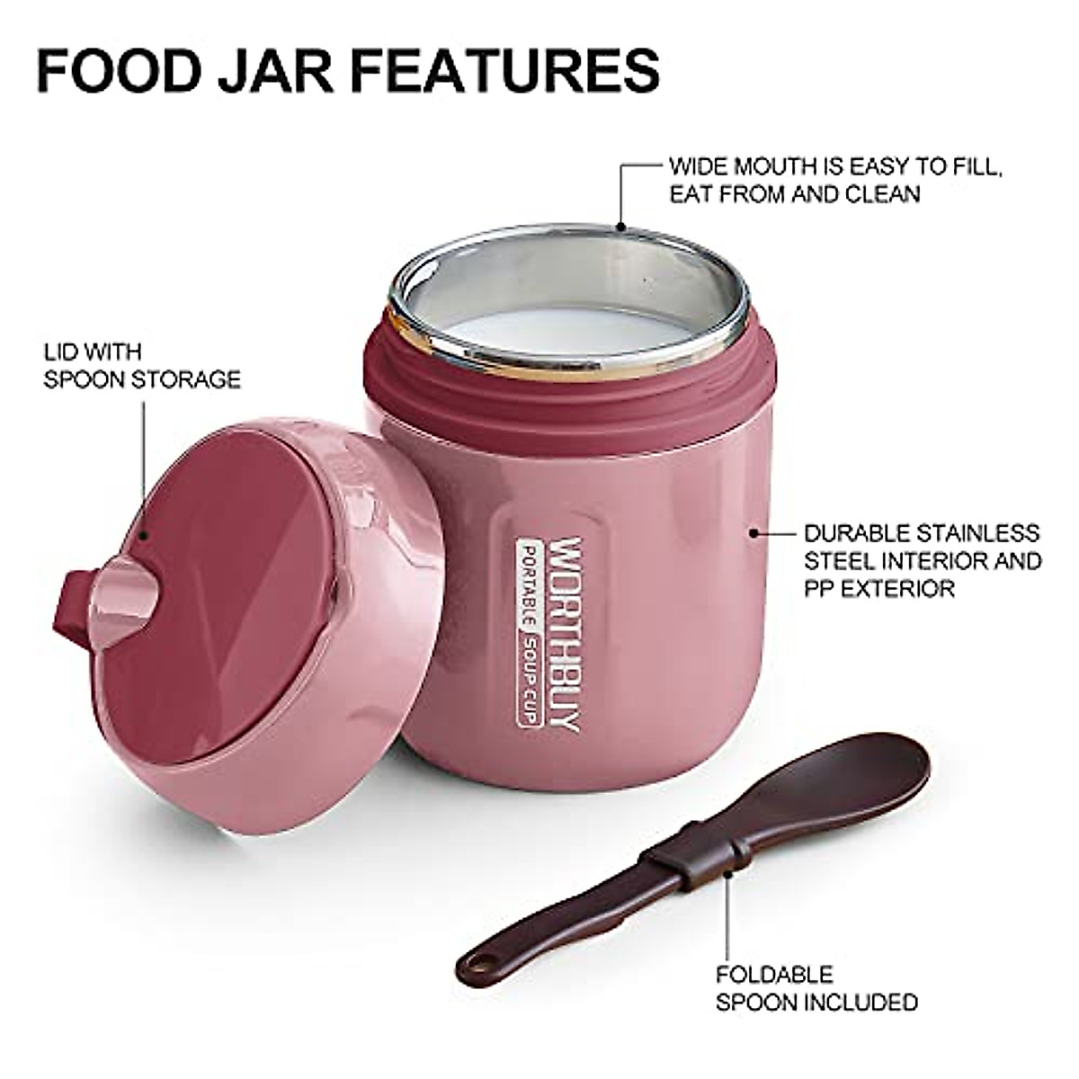 WORTHBUY Leak Proof Thermal Insulated Food Jar with Foldable Spoon, Lunch Containers Soup Cup for Kids and Adult, 16oz Capacity - Pink