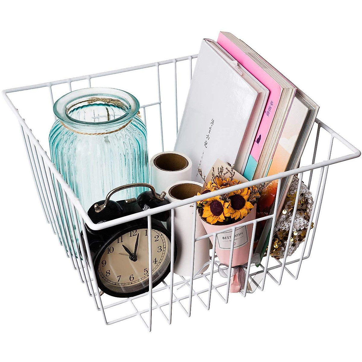 Freezer Basket Organizer, Refrigerator Metal Wire Storage Divider, Household Container Bins with Handles for Kitchen, Pantry, Cabinet, Closets - Pearl White (6, 11in x 10in x 5.5in)