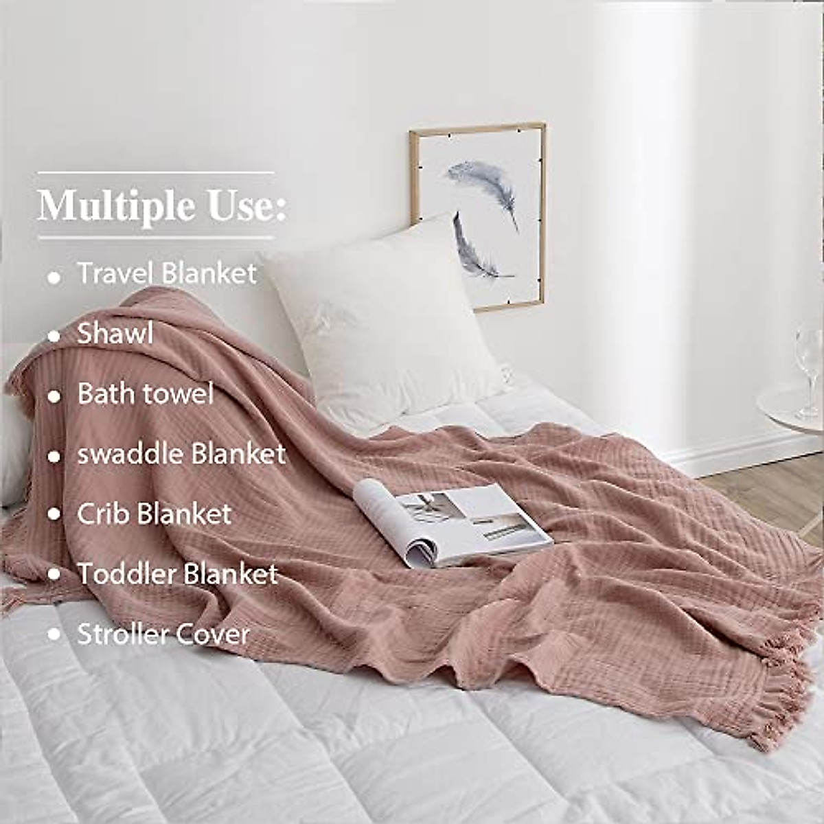 Simple&Opulence Cotton Muslin Throw Blanket for Bed, Couch, Knit Woven Gauze Blanket with Tassels, Soft Lightweight Cozy Pre-Washed Breathable Farmhouse Decoration for All-Season (Dusty Rose)