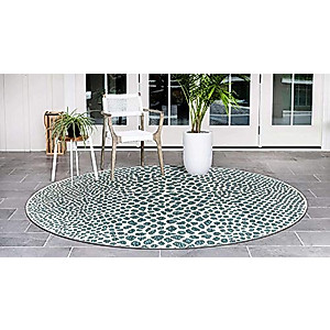 Unique Loom Jill Zarin Outdoor Collection Animal Print Area Rug (4' 0 x 4' 0 Round, Teal)