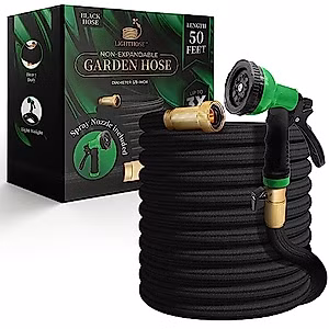 LightHose Garden Hose, NON-EXPANDABLE Garden Hose, Super Light Weight Hose, No Burst, 3/4 inch Solid Brass Connectors, 50 Ft, Black