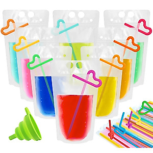 Ozera Drink Pouches, 100 Pcs Plastic Pouches with Straws Funnel, Reusable Clear Juice Pouches for Adults Fit Smoothie Ice Drink Fruit, Nuts, Coffee and Candy