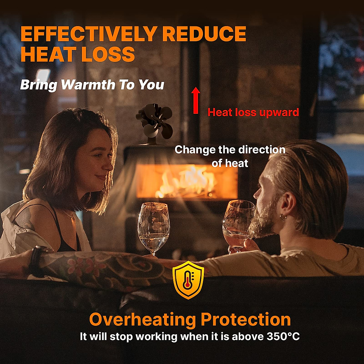 LerkeHony 4 Silent Heat Powered Stove Fan, Log Burner Fan with a Thermometer, Eco Friendly Heat Circulation for Wood/Log Burner/Fireplace/Free Stove Thermometer Satin/Black