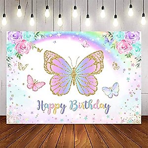 Avezano Pastel Butterfly Birthday Backdrops Girls Pink Butterfly Happy Birthday Party Background Rainbow Butterflies Bday Decorations Banner for Cake Table Supplies(7x5ft)