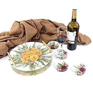 Resin Tray Molds Silicone, 12" Large Round Deep Tray Resin Mold and 4 Piece Round Deep Coaster Molds, Silicone Tray Board Table Resin Mold & Handles, Floral Preservation Bouquet Resin Mold