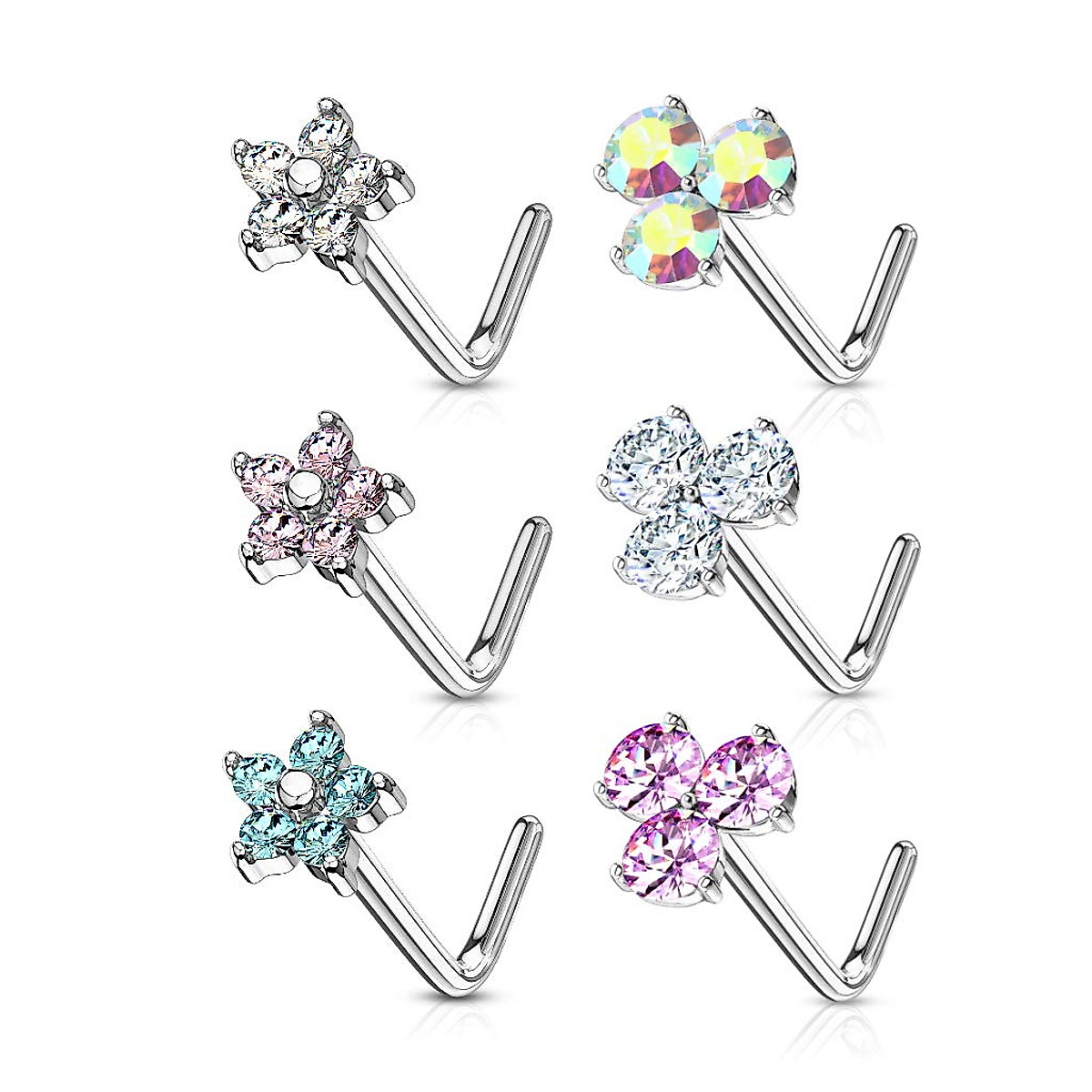 WILDKLASS 6 Pcs of CZ Flower and 3 Prong Set CZ Top 316L Surgical Steel L Bend Nose Stud Rings Gem Box Package
