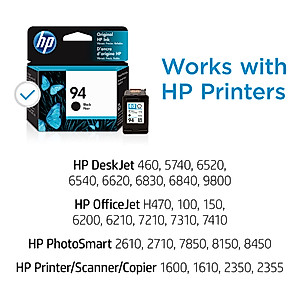 Original HP 94 Black Ink | Works with DeskJet 460, 5740, 6500, 6620, 6800, 9800; OfficeJet H470, 100, 6200, 7210, 7310, 7410; PhotoSmart 2610, 2710, 7850, 8150, 8459; PSC 1600, 2350 Series | C8765WN