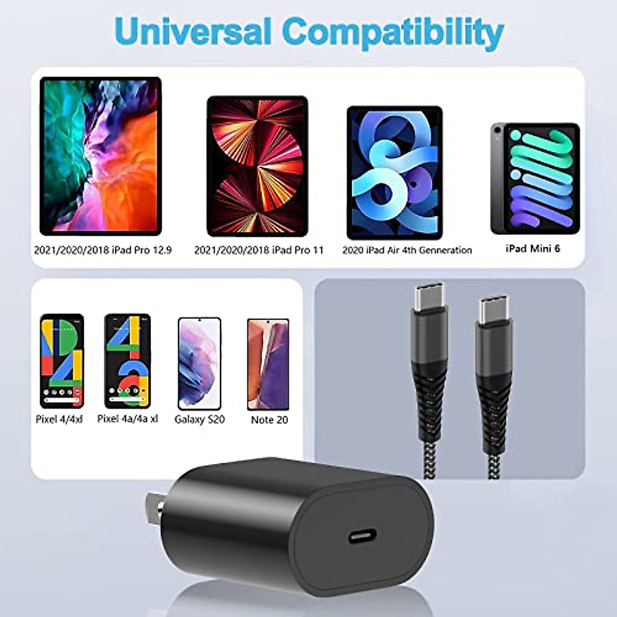 20W USB C Fast Charger for 2022/2021/2020/2018 iPad Pro 12.9 Gen 5/4/3, iPad Pro 11 in Gen 3/2/1, iPad Air 5th/4th Generation, iPad 10th Generation, iPad Mini 6th, 6.6ft USB C to USB C Charging Cord