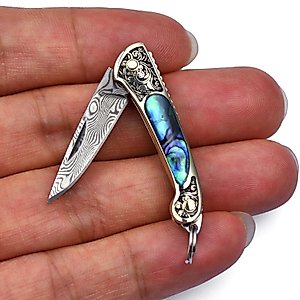JPCRMOV Mini Pocket Knife Damascus Keychain for Women, Small Folding Knife EDC Compact Knife, Abalone Shell Handle, Blade Length 1.06", Weighs only 9 Grams