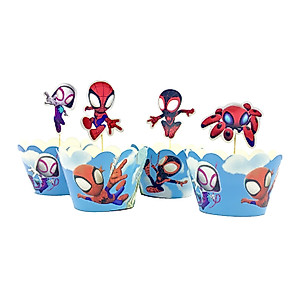 12pc Spidey Cupcake Topper and Cupcake Wrapper Picks Boy Children Spidey Party Decoration Kid's Birthday Spidey Party Decoration Supplies.