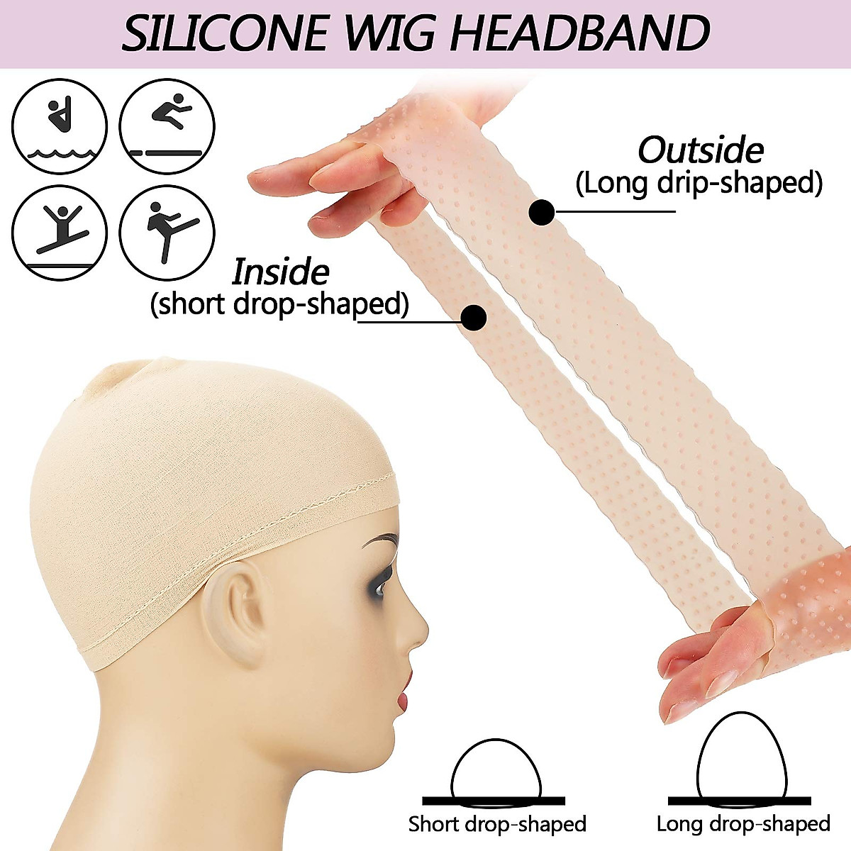 Chuangdi 4 Pieces Silicone Wig Grip Band and Stretchy Nylon Wig Caps for women, Non Slip Silicone Headband for Wigs with 2 Brush for Women Sport Yoga