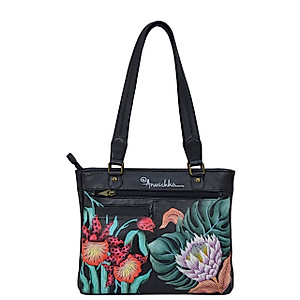 Anuschka Women's Original Hand-Painted Leather Medium Shopper Shoulder Bag, Island Escape Black