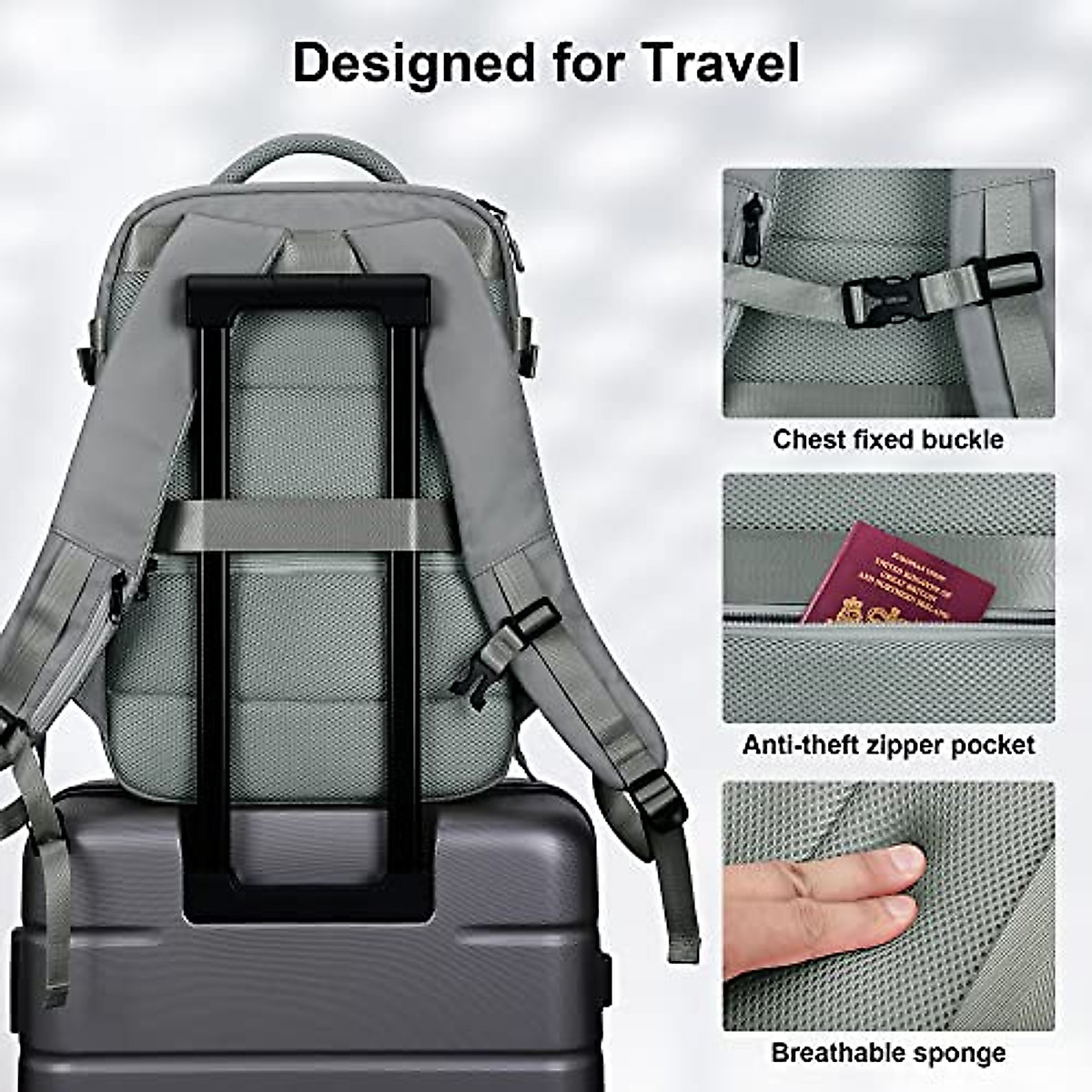 HOMIEE Carry On Bag, Travel Backpack Flight Approved Personal Item Size, Waterproof Luggage Daypack Lightweight Weekender Bag Business Backpack Fits 15.6 Inch Laptop, Grey