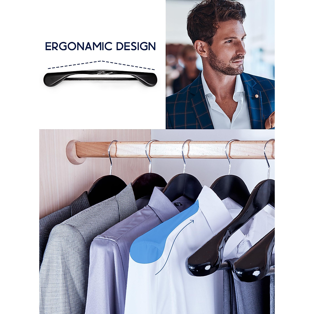 HOUSE DAY High-Grade Suit Hangers, Wide Shoulder Wooden Hangers with Non Slip Pants Bar, Smooth Finish 360° Swivel Hook Solid Wood Coat Hangers for Dress, Jacket, Heavy Clothes Hanger 6 Pack (Black)