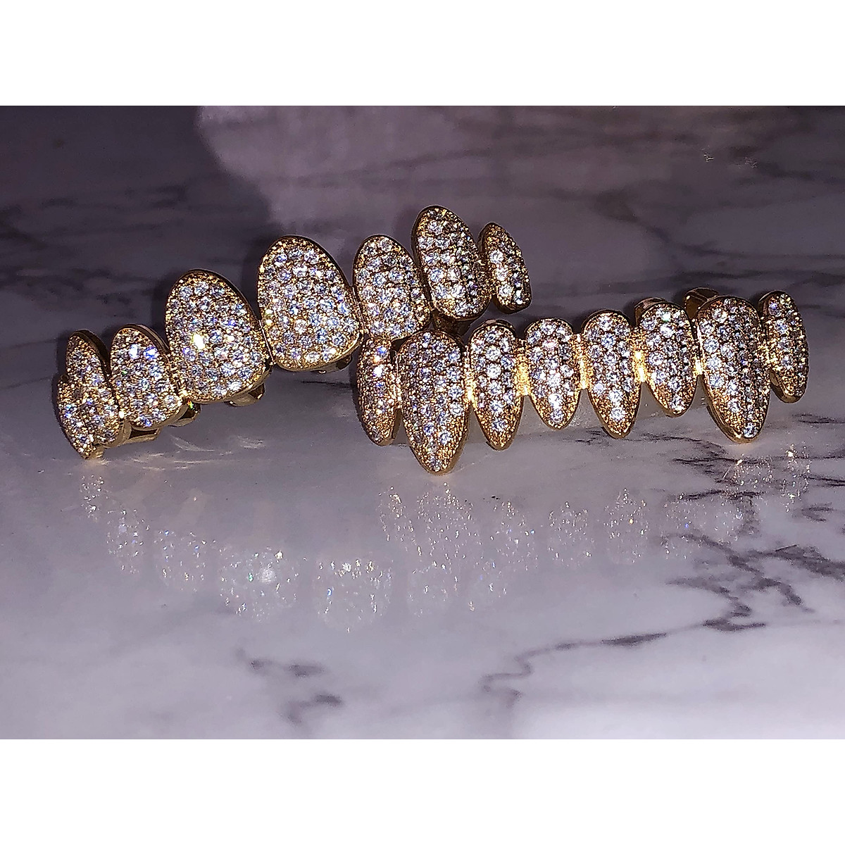 Shop-iGold 14k Gold Plated Joker Gold Grillz for Mouth Top Bottom Hip Hop Teeth Grills for Teeth Mouth Grillz for Mouth Top Bottom Hip Hop 8 Teeth Grills for Teeth Mouth Set