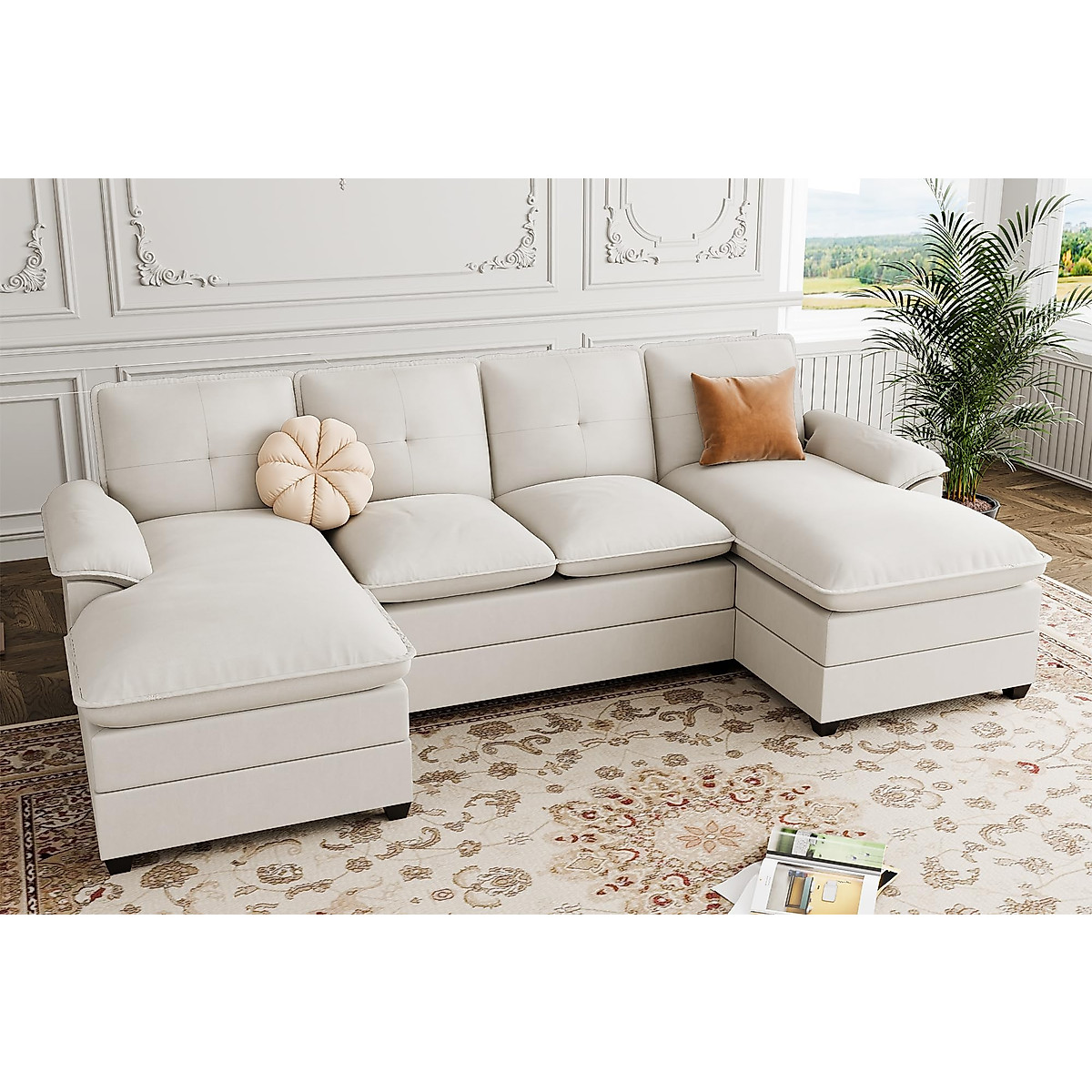 Shintenchi 110" Sectional Sofa Couch, U-Shaped Modular Couch Sleeper with Thick Cushion & Soft Backrest, 4 Seat Sofa Couch with Double Chaise for Living Room, Creamy White