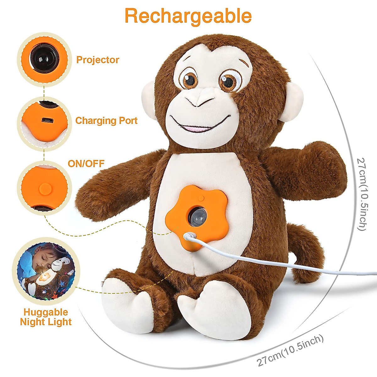 DIILSWX Monkey Stuffed Animals with Dynamic Star Projection Lamp: Rechargeable Night Light for Kids Bedroom, Soft & Huggable Plush Toy, Cute Bedtime Buddy for Toddler, Boys, Girls (Galaxy) - 10.5''