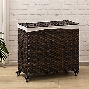 ALIMORDEN Wicker Laundry Hamper with Lid and Wheels 110L Clothes Laundry Basket with Removable Liner Bags Large Hampers for Laundry Organizer 3 Sections for Bedroom Closet Laundry Room Bathroom Brown