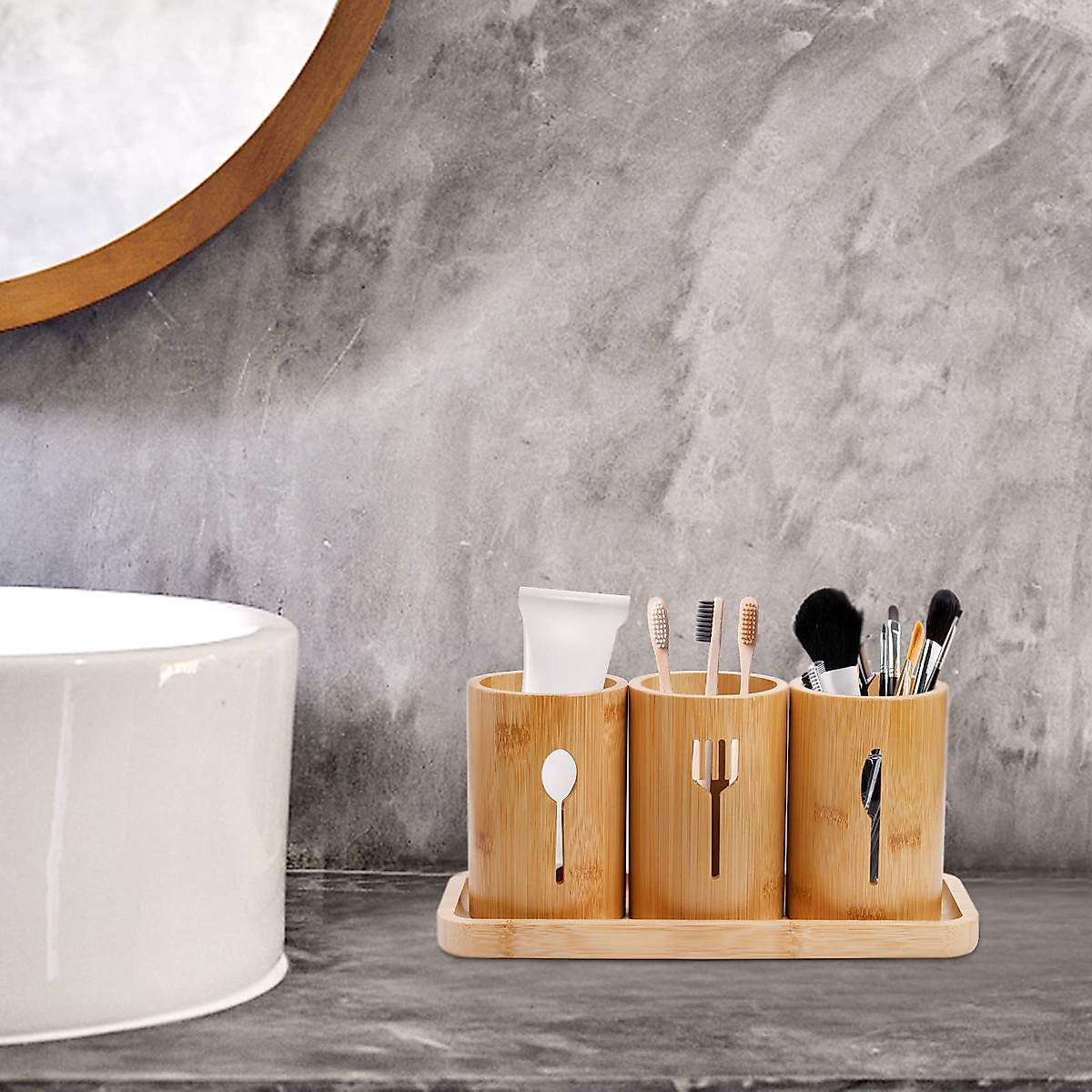 Lyellfe Silverware Holder, Bamboo Utensil Organizer with Tray, Rustic Farmhouse Kitchen Cutlery Flatware Holder Organizer for Spoons, Knives and Forks, Ideal for Kitchen and Restaurant