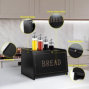 DECOCIAGA Bread Box for Kitchen Countertop, Large Capacity Bread Storage Container for Homemade Bread, Wooden Bread Holder Bread Bin for Kitchen Counter Corner, Cabinet, Pantry, Cupboard (Black)