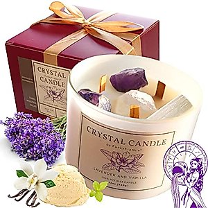 Extra Large Healing Crystals Candle, Crystal Gifts for Women - Amethyst 12 oz Manifestation Candle with Crystals Inside for Gemini Gifts for Women | Zodiac Candle Gifts | Lavender Soothing Crystals