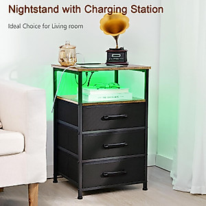 LOAKEKEL Nightstands Set of 2, Large End Tables Living Room, Bed Side Tables with Charging Station, 24.7" Tall Night Stand with 3 Fabric Drawers and LED Light Strip for Bedroom HNS013BR