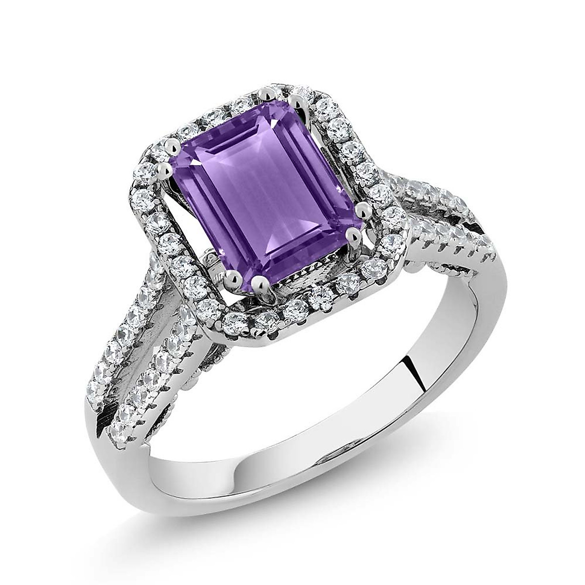 Gem Stone King 2.78 Cttw Purple Amethyst Engagement Ring For Women In 925 Sterling Silver | Emerald Cut 9X7MM | Gemstone Birthstone | Available In Size 5, 6, 7, 8, 9