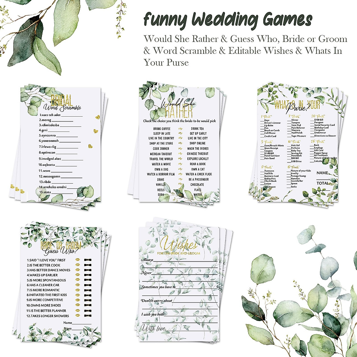 Outus 220 Pieces Bridal Shower Game Set Wedding Games Cards Eucalyptus Lemon Theme Bridal Game Supplies and Pencils Activity Accessories for Bride Groom Bachelorette Party Wedding (Greenery Style)